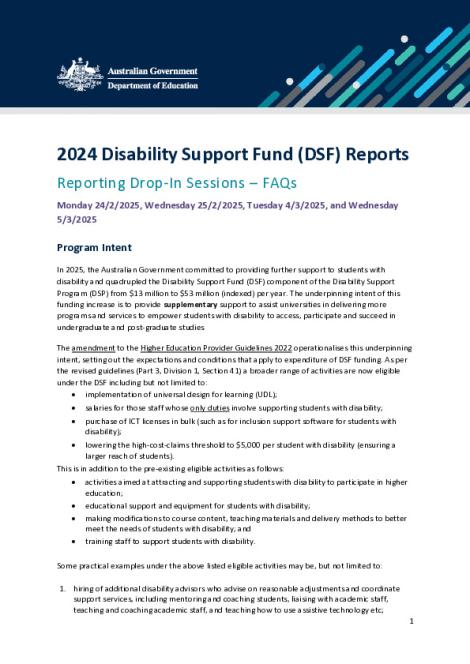 2024 Disability Support Fund (DSF) Reporting FAQs - Department of Education, Australian Government